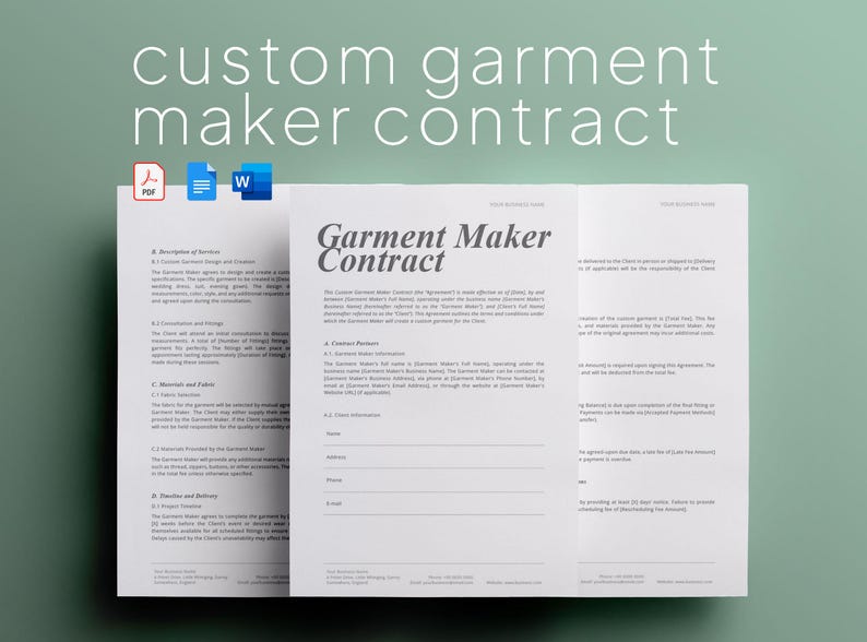 Custom Garment Contract, Tailor Made Clothing Agreement, Bespoke ...