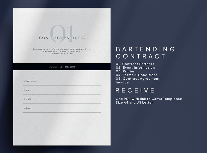 Editable Bartender Contract Template, Bartending Service Agreement ...