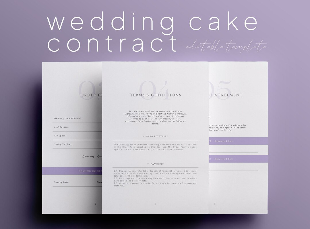 Wedding Cake Contract Template, Editable Wedding Cake Order Form ...