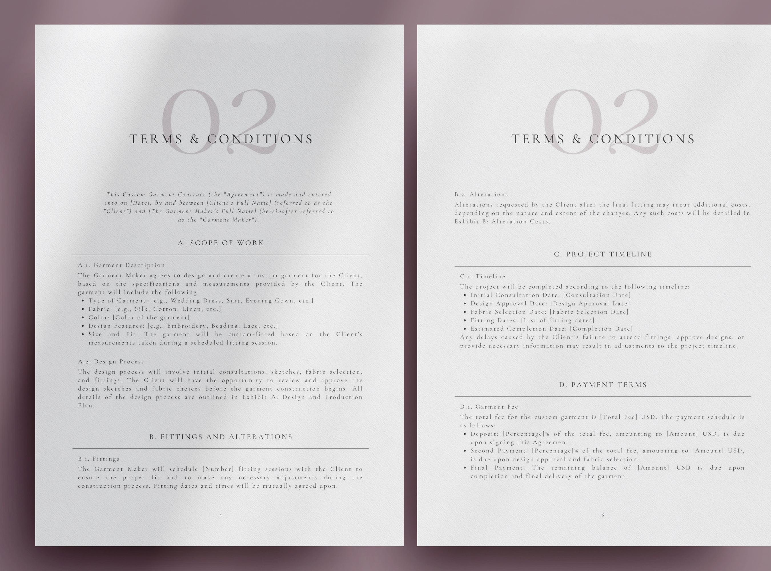 Custom Garment Contract, Tailor Made Clothing Agreement, Bespoke ...