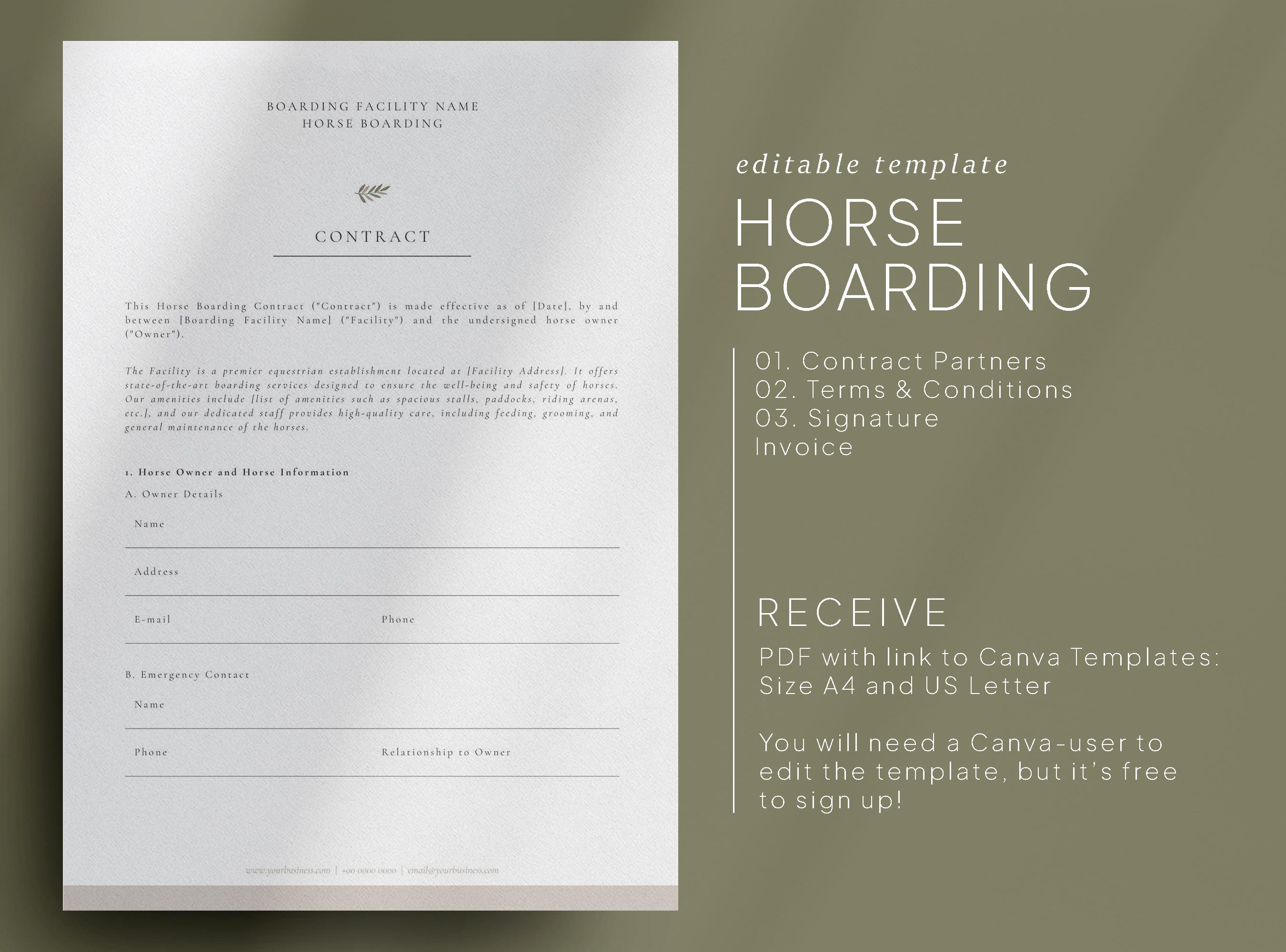 Horse Boarding Contract, Editable Horse Livery Services Agreement, Equine Boarding Agreement ...