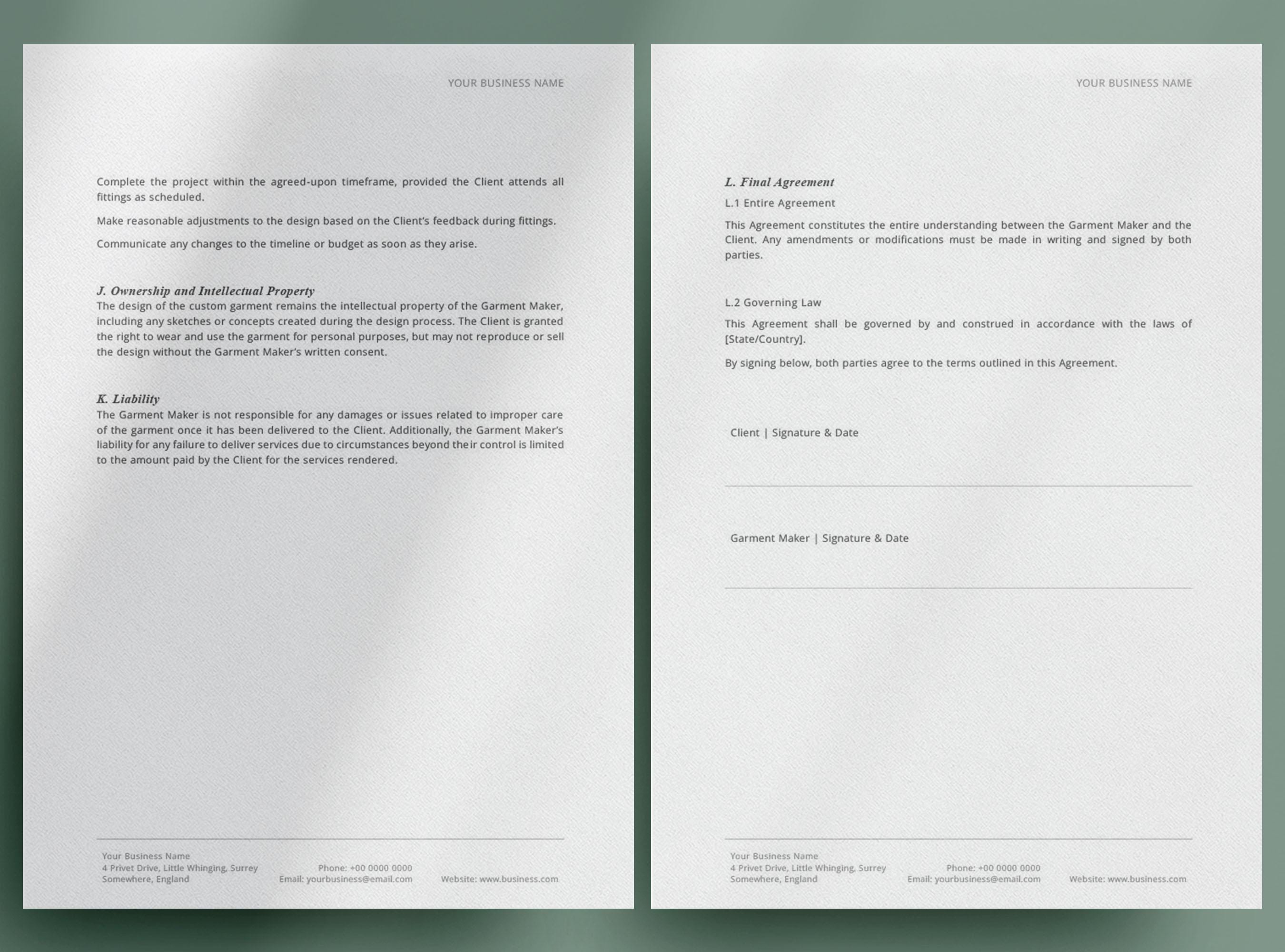 Custom Garment Contract, Tailor Made Clothing Agreement, Bespoke ...