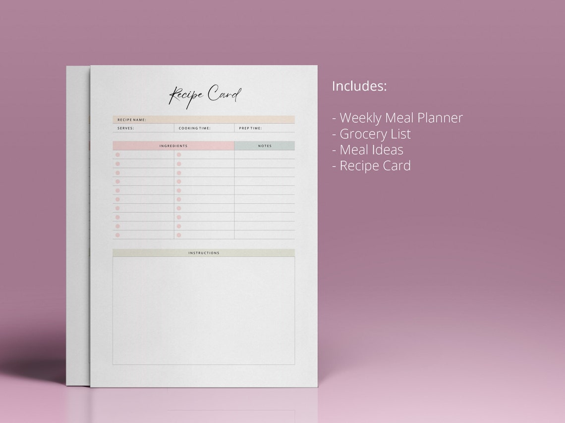 Editable Meal Planner W/ Grocery List and Recipe Card A4, US Letter ...