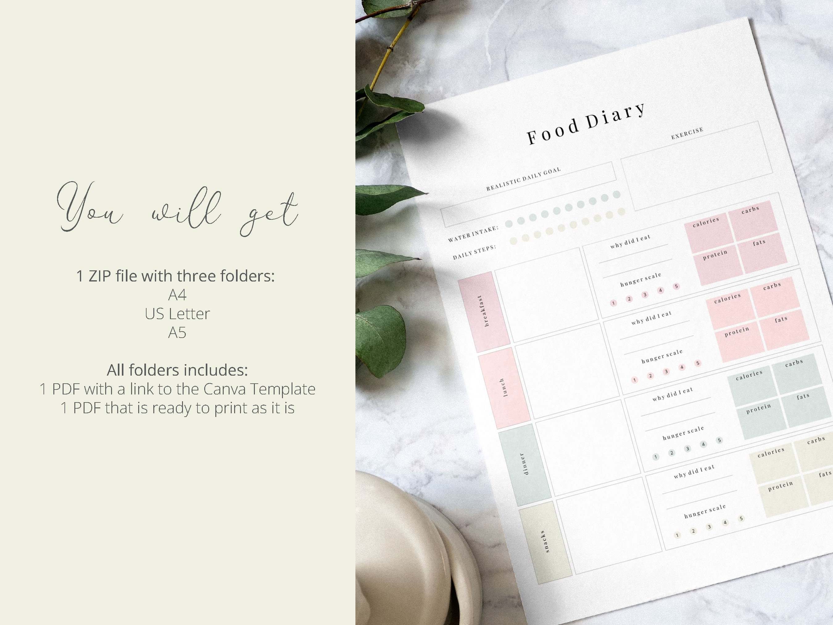 Editable Food Diary | A4, US Letter, A5 | Canva Template | Meal Journal ...