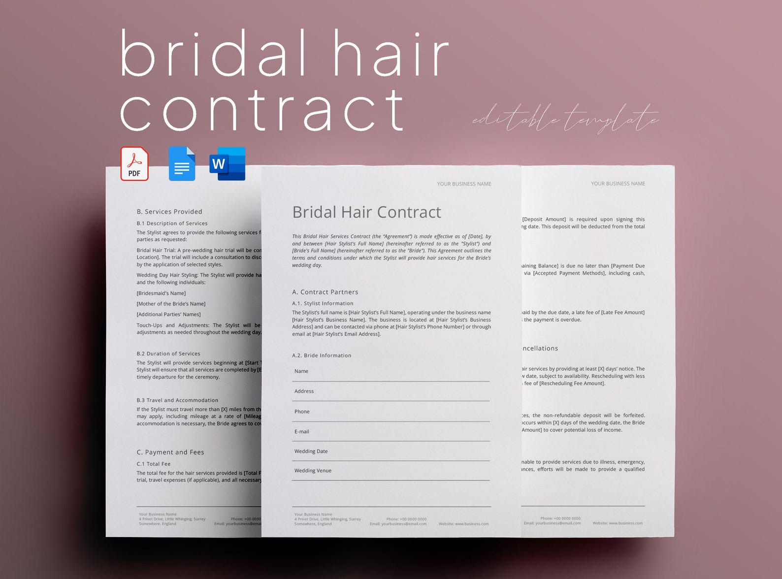 Bridal Hair Contract Template, Wedding Bridal Party Salon Services ...