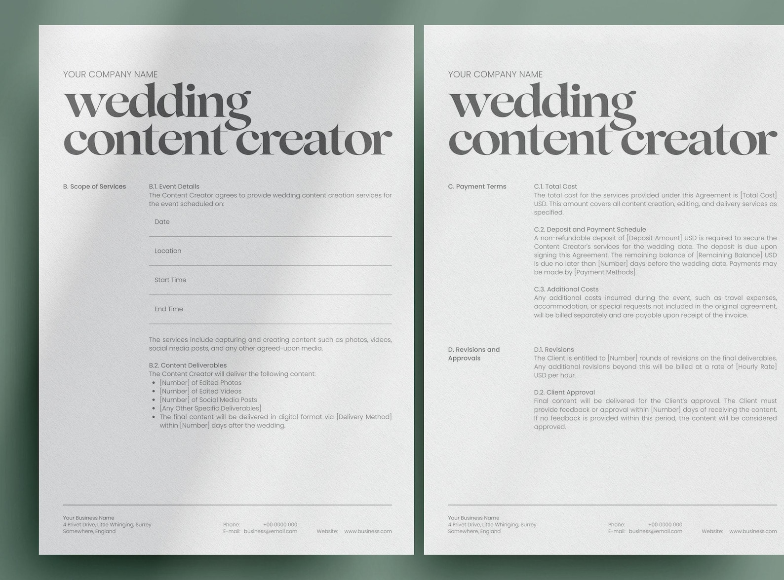 Wedding Content Creator Contract Template: Editable Canva Agreement for ...
