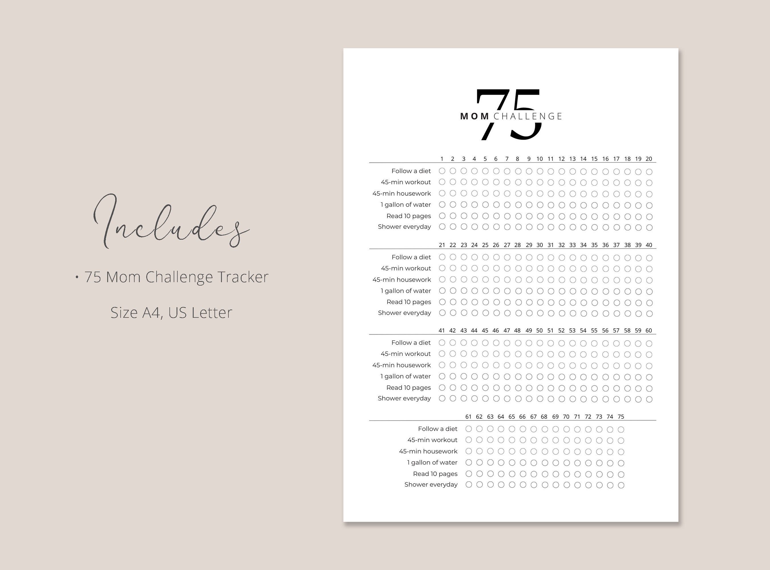75 Mom Challenge Printable: Tracker, Meal Planner & Self-care Journal ...