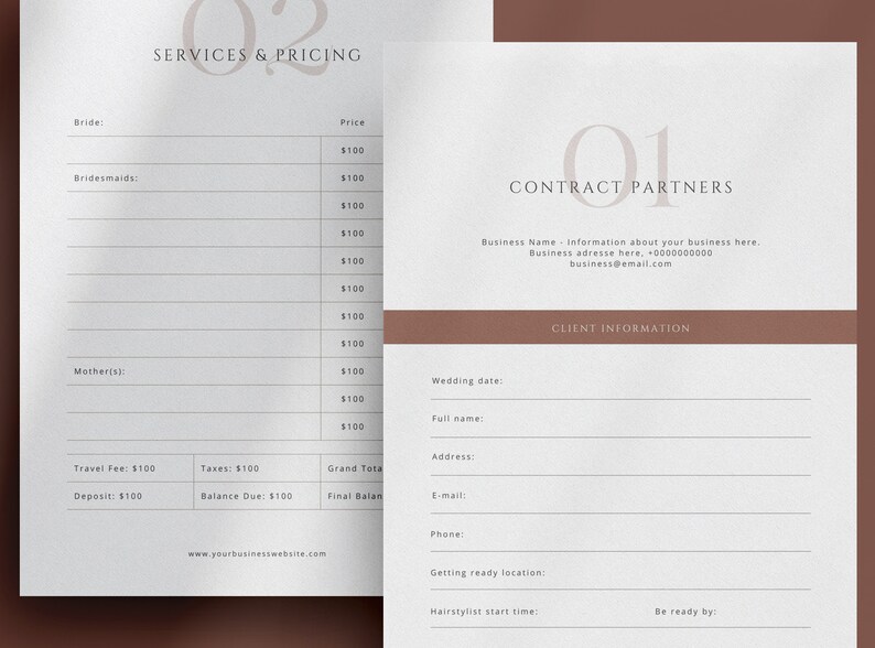 Bridal Hair Contract Template, Wedding Bridal Party Salon Services ...