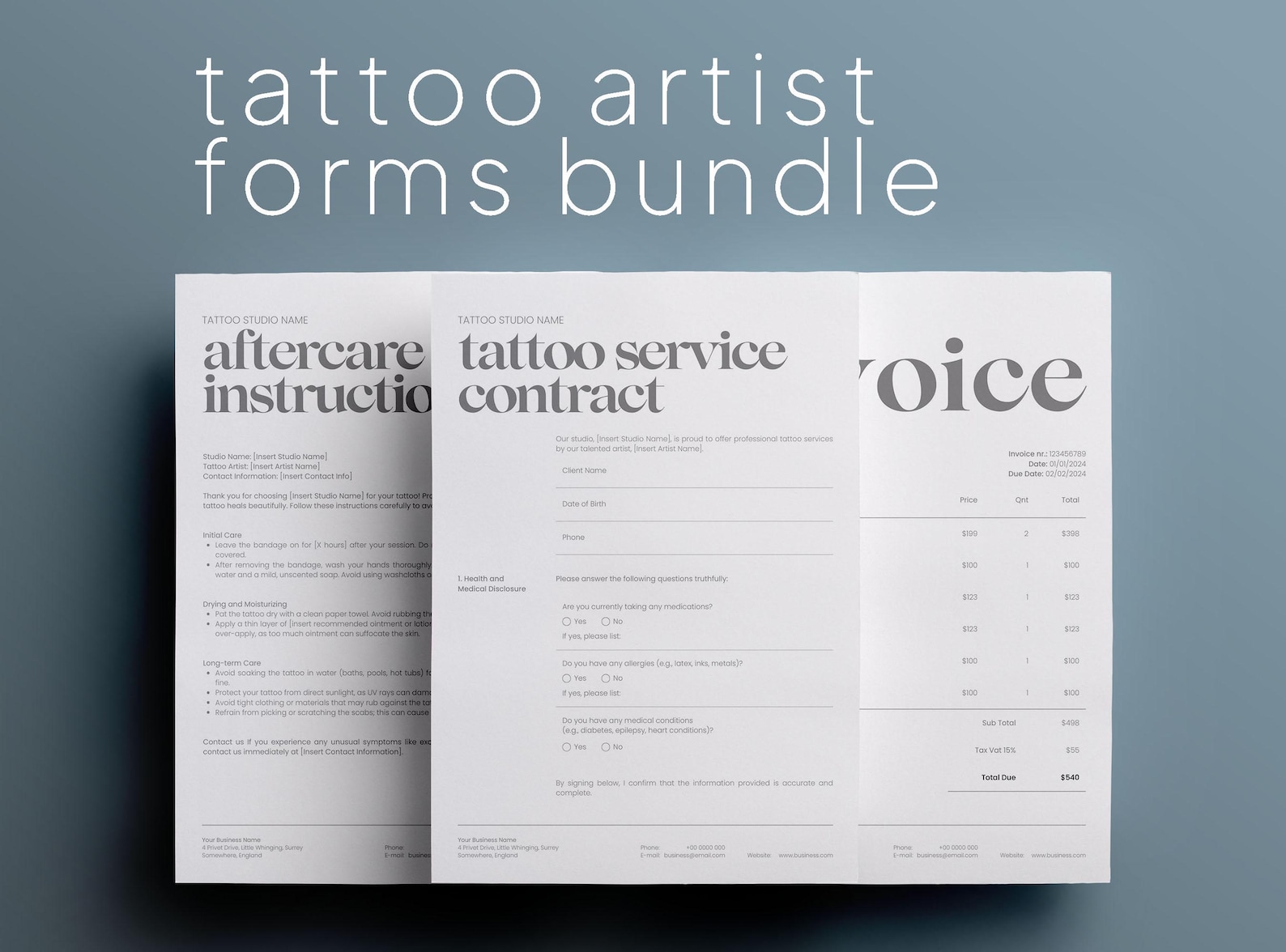 Tattoo Artist Forms Bundle, Tattoo Service Contract, Tattoo Aftercare ...