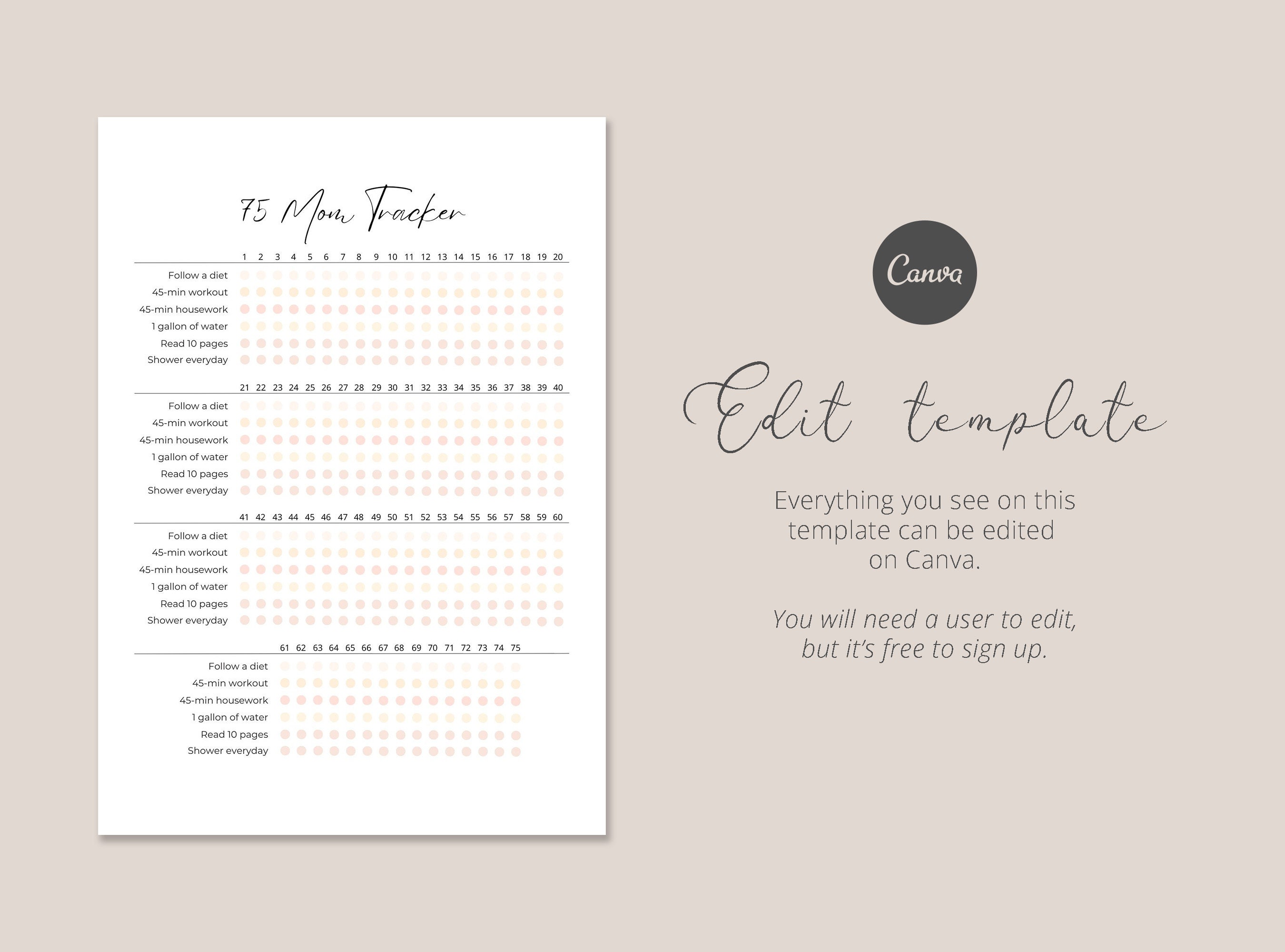 75 Mom Challenge Printable, 75 Mom Tracker, Editable Canva Template ...
