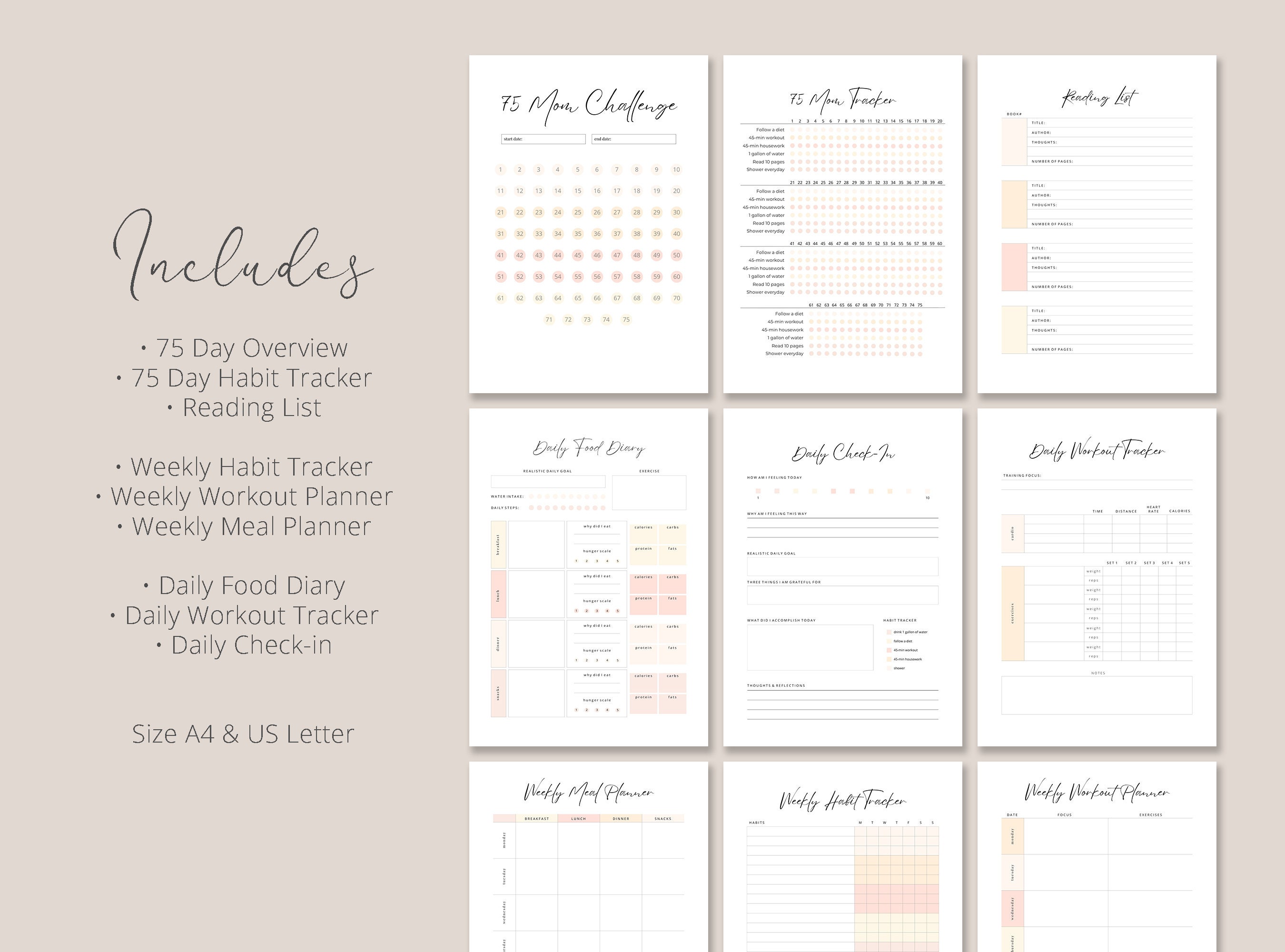 75 Mom Challenge Printable, 75 Mom Tracker, Editable Canva Template ...