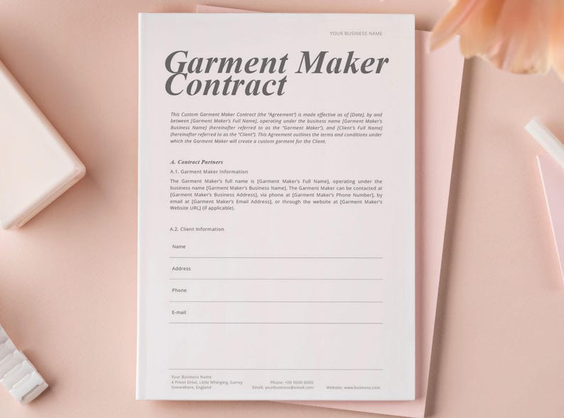 Custom Garment Contract, Tailor Made Clothing Agreement, Bespoke Clothes Forms, Sewing Services ...