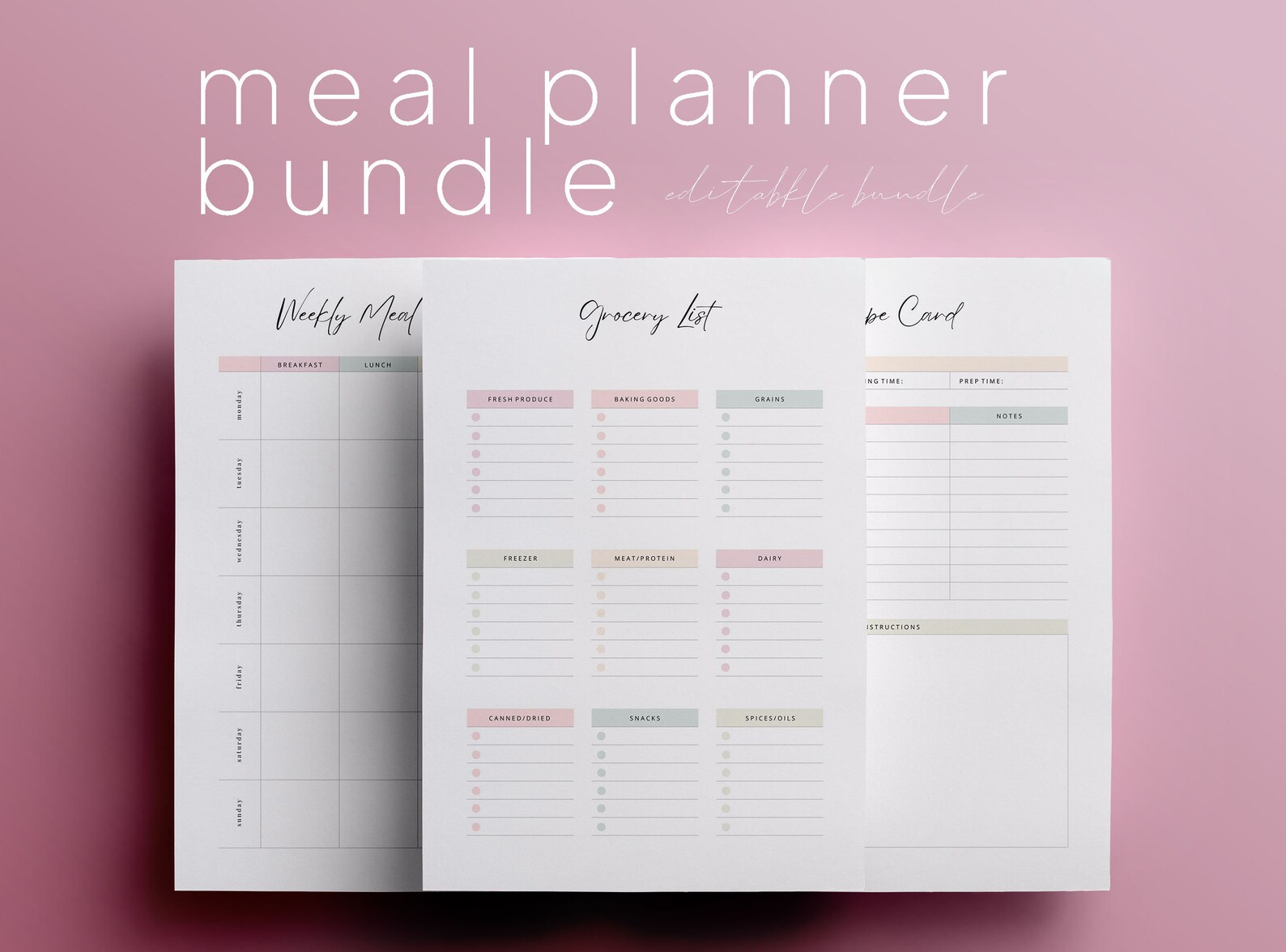 Editable Meal Planner W/ Grocery List and Recipe Card A4, US Letter ...