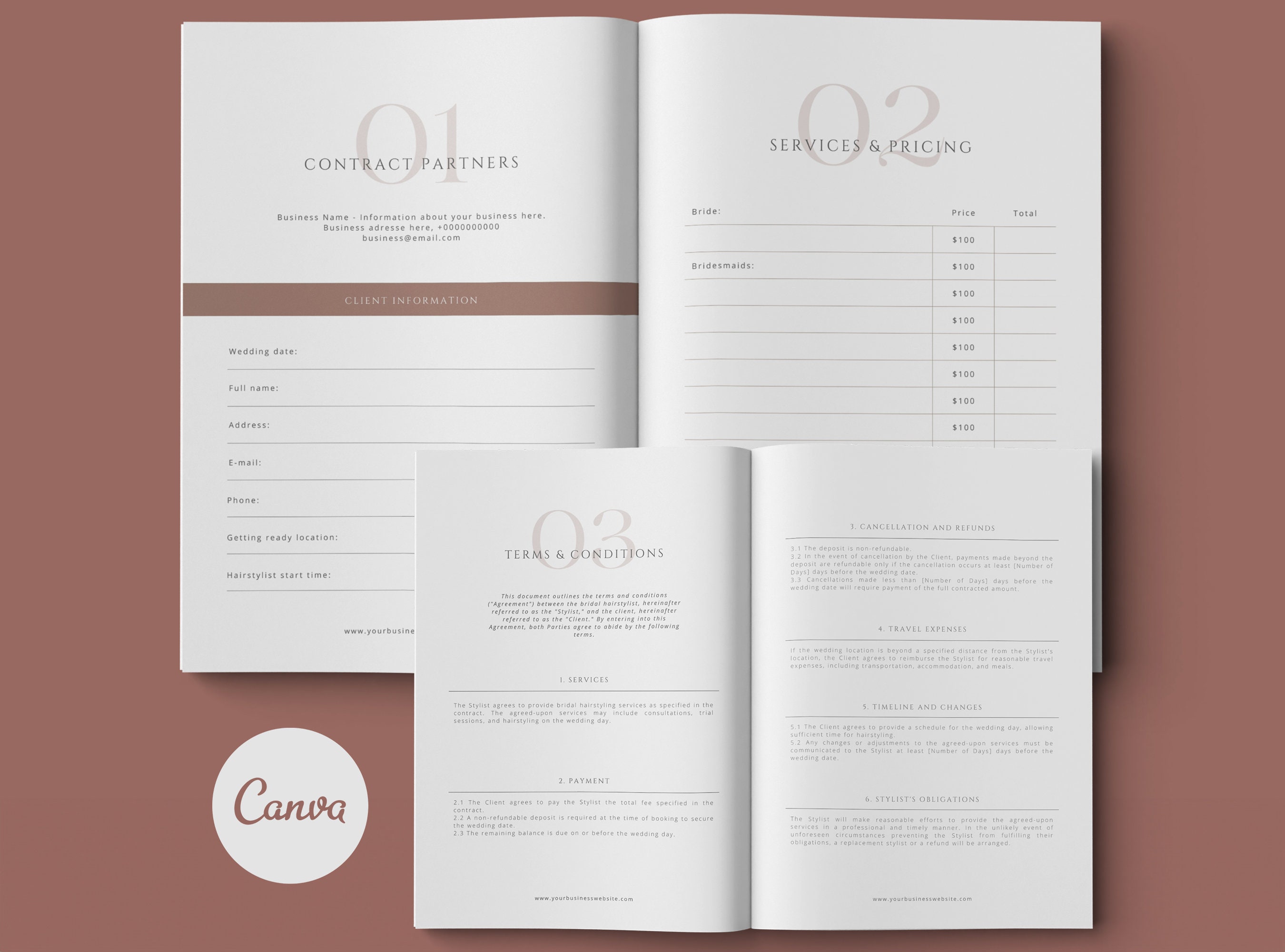 Bridal Hair Contract Template, Wedding Bridal Party Salon Services ...