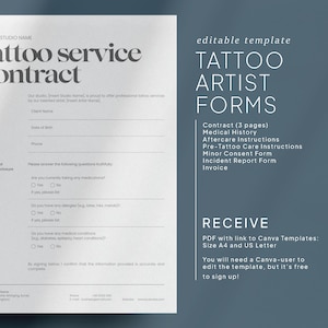 Tattoo Artist Forms Bundle, Tattoo Service Contract, Tattoo Aftercare ...