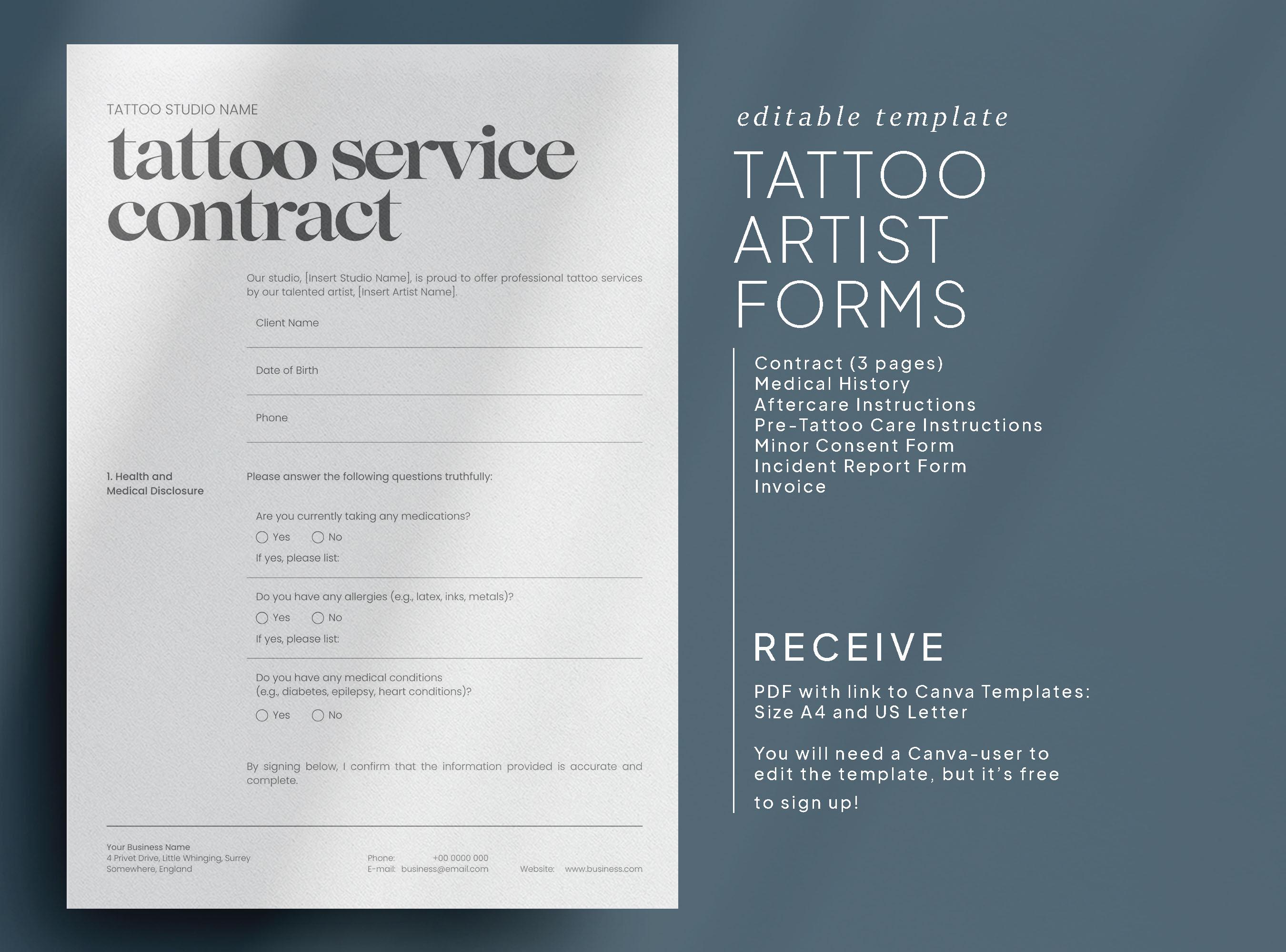 Tattoo Artist Forms Bundle, Tattoo Service Contract, Tattoo Aftercare ...