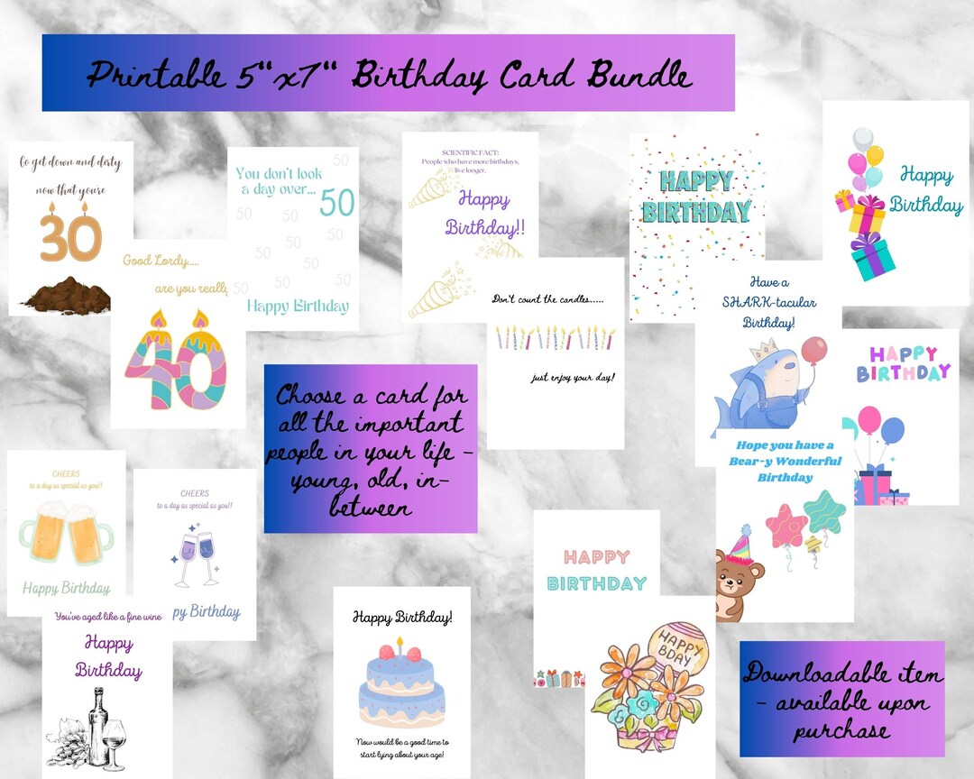 Printable Birthday Card Bundle, Printable Birthday Card, Digital ...