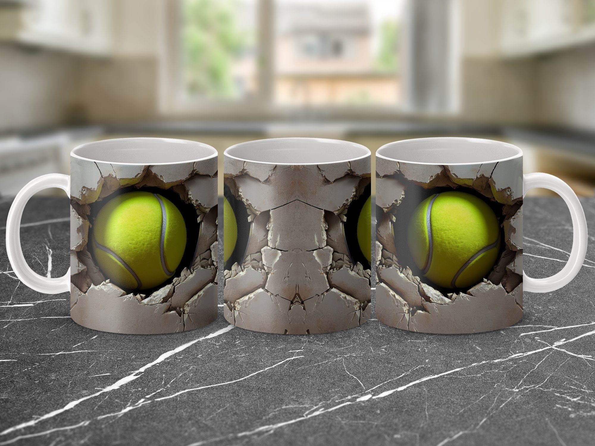 Digital Tennis Ball Mug Wrap, Cracked Wall Effect, 3D Illusion, Instant ...