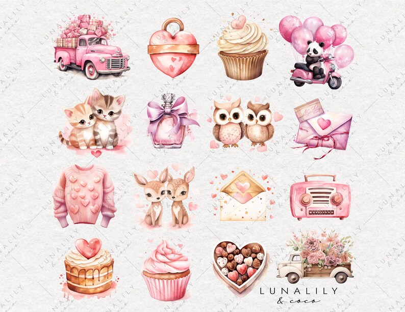 100 Pink Valentine Cliparts, PNG Cliparts Valentine Bundle, Watercolor ...