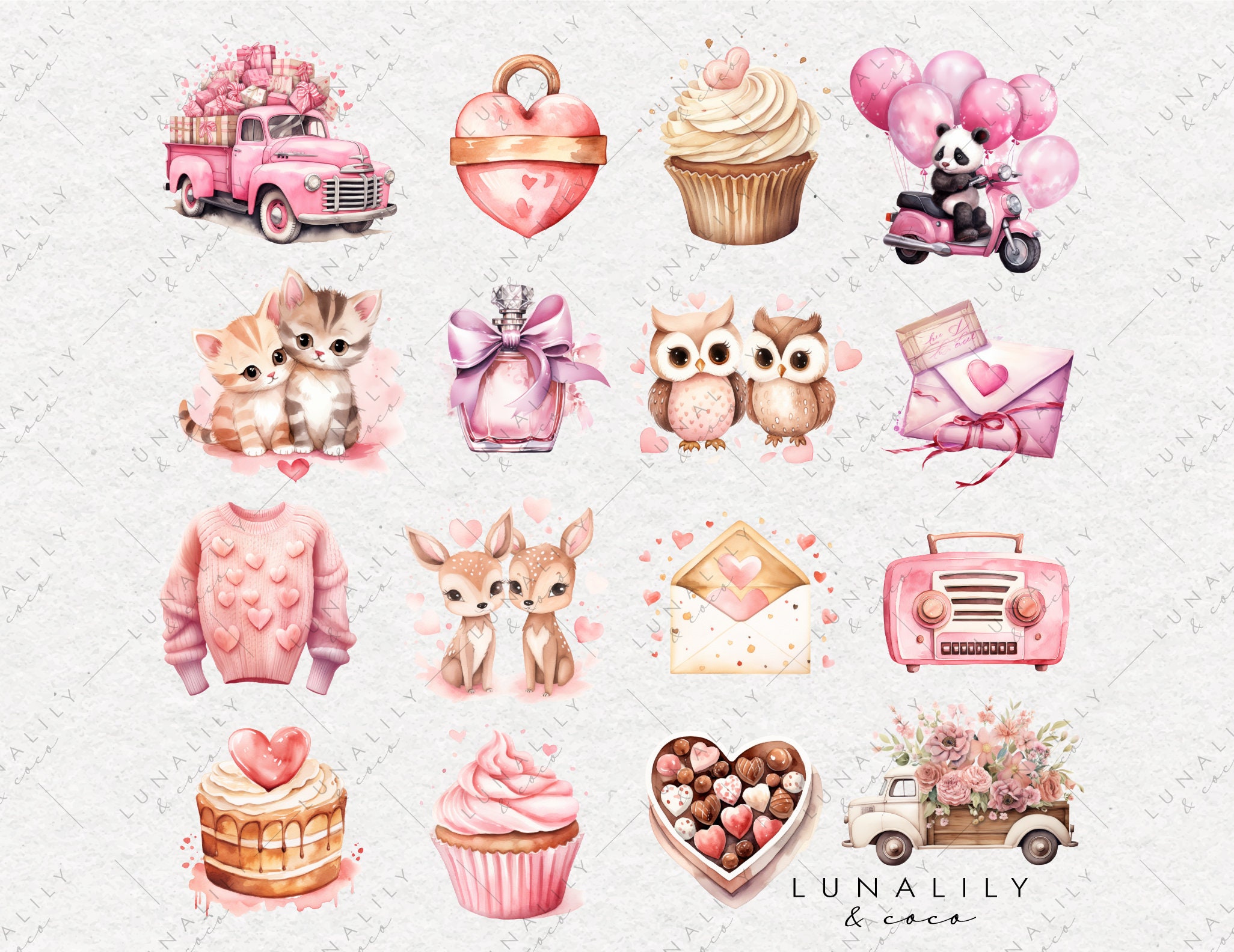 100 Pink Valentine Cliparts, PNG Cliparts Valentine Bundle, Watercolor ...