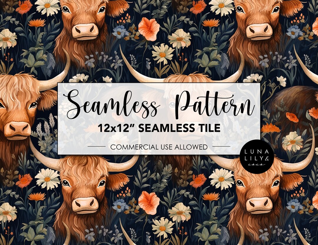 Highland Cow Floral Seamless Pattern Tile, Repeating Pattern, Cow ...