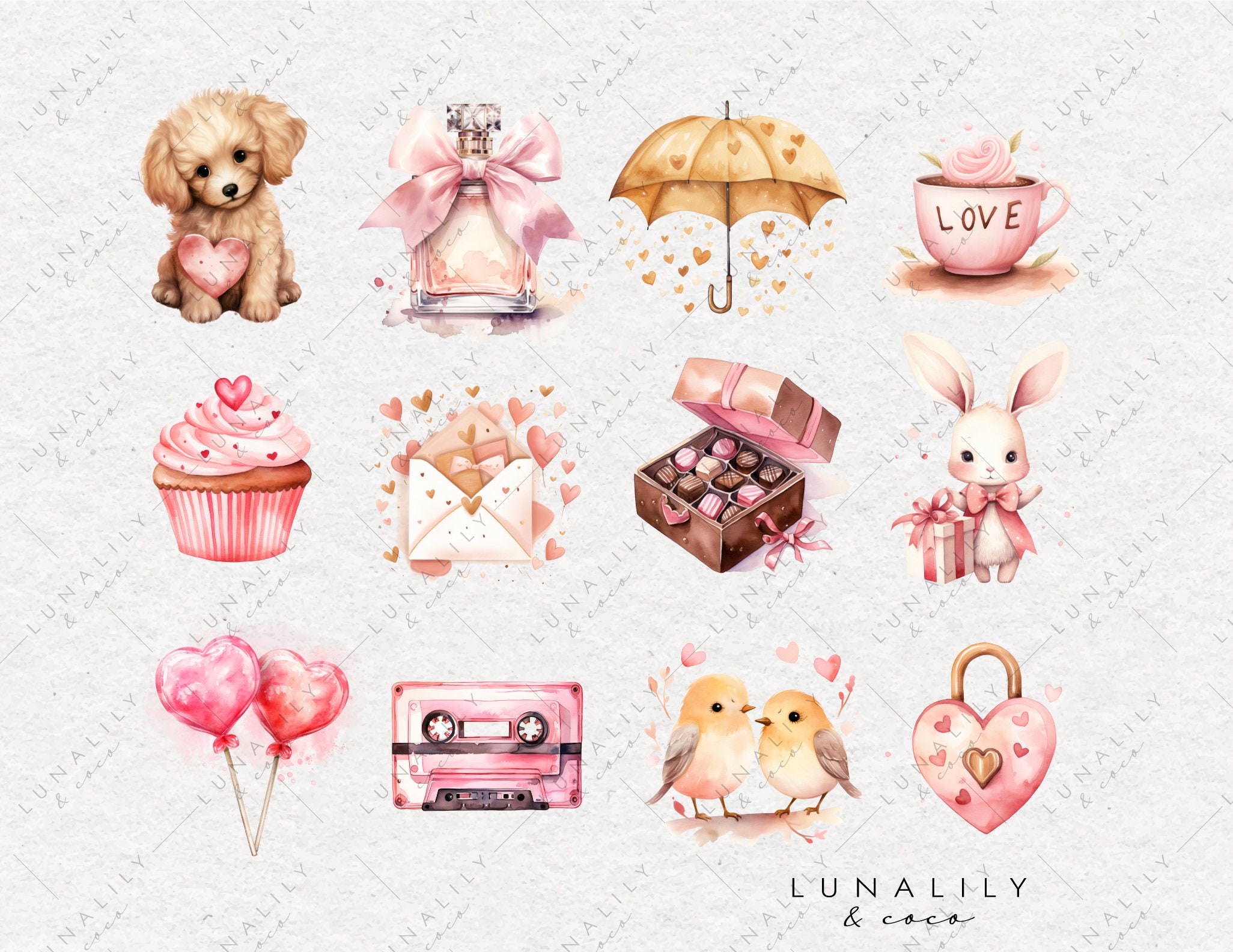 100 Pink Valentine Cliparts, PNG Cliparts Valentine Bundle, Watercolor ...