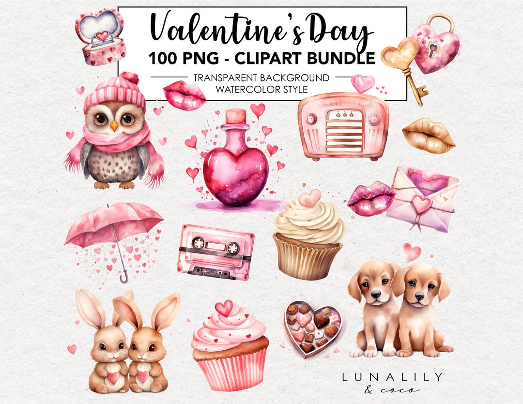 100 Pink Valentine Cliparts, PNG Cliparts Valentine Bundle, Watercolor ...