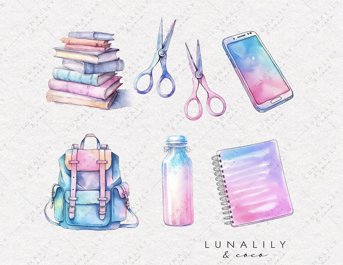 40 Watercolor Back to School Clipart, School Supplies Clipart, School ...