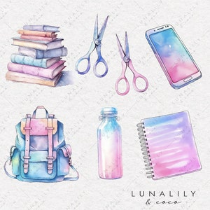 40 Watercolor Back to School Clipart, School Supplies Clipart, School ...