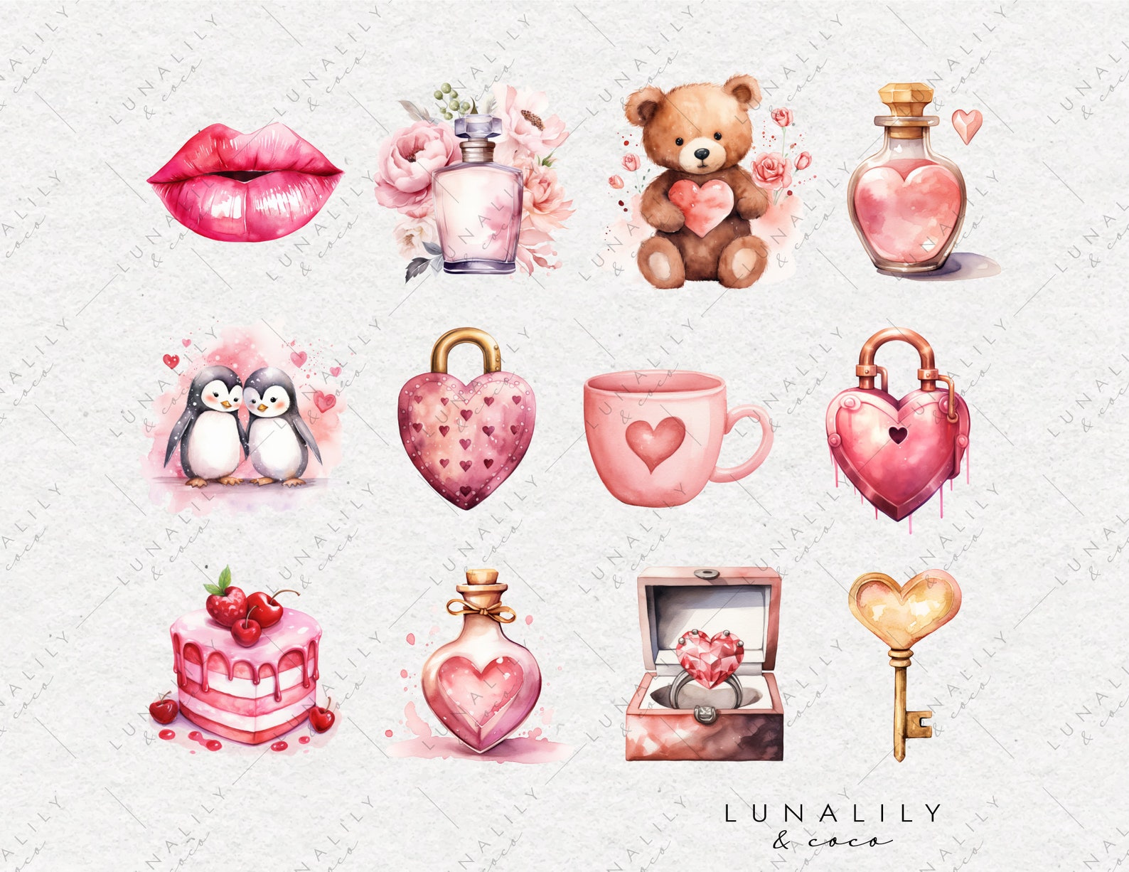 100 Pink Valentine Cliparts, PNG Cliparts Valentine Bundle, Watercolor ...