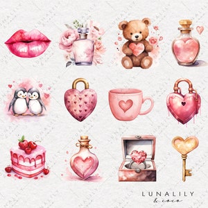 100 Pink Valentine Cliparts, PNG Cliparts Valentine Bundle, Watercolor ...