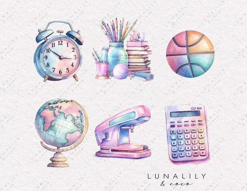 40 Watercolor Back to School Clipart, School Supplies Clipart, School ...