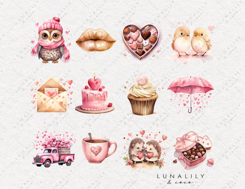 100 Pink Valentine Cliparts, PNG Cliparts Valentine Bundle, Watercolor ...