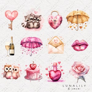100 Pink Valentine Cliparts, PNG Cliparts Valentine Bundle, Watercolor ...