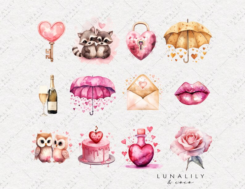 100 Pink Valentine Cliparts, PNG Cliparts Valentine Bundle, Watercolor ...