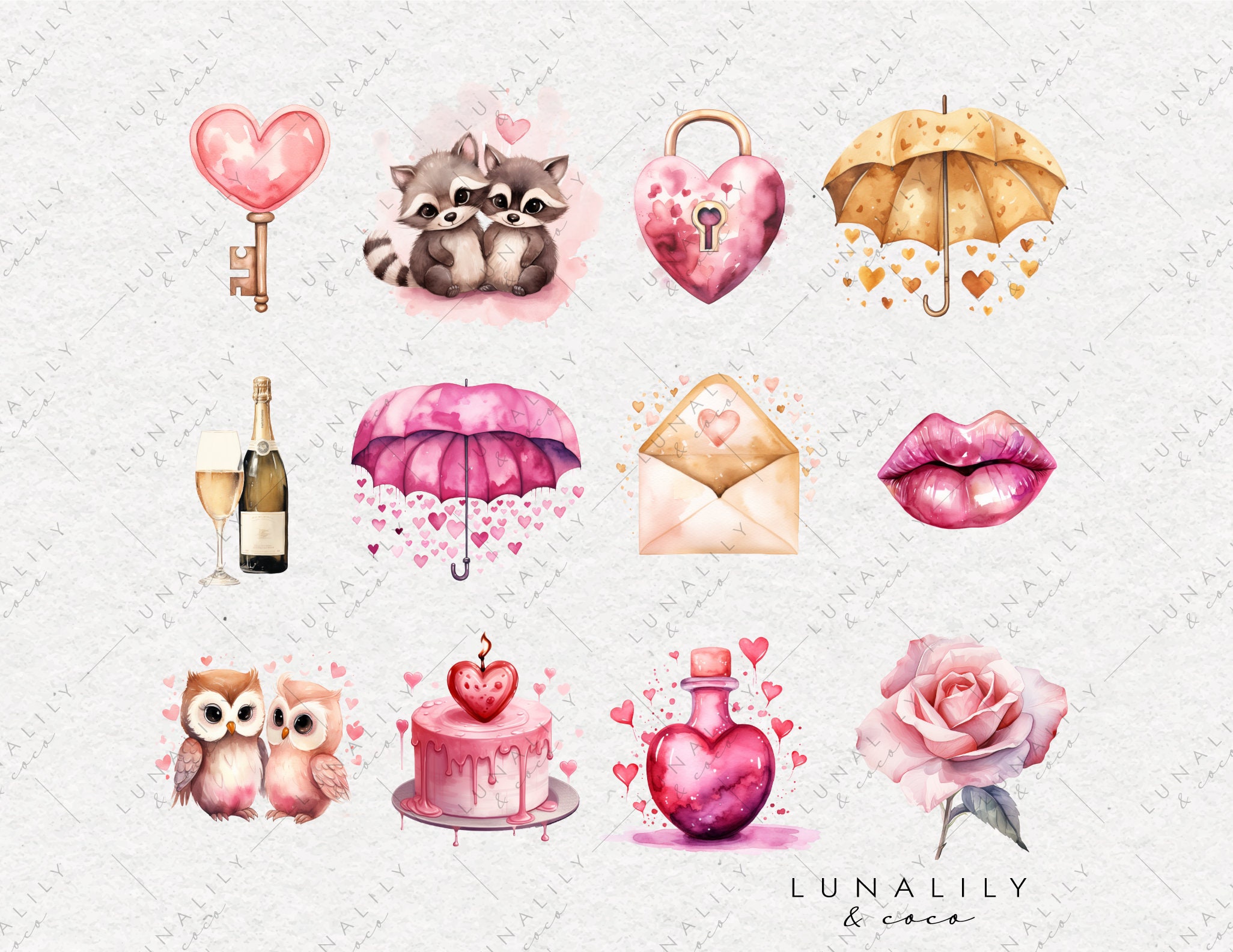 100 Pink Valentine Cliparts, PNG Cliparts Valentine Bundle, Watercolor ...