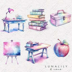 40 Watercolor Back to School Clipart, School Supplies Clipart, School ...