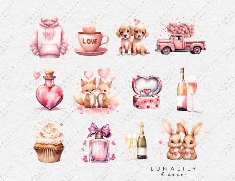 100 Pink Valentine Cliparts, PNG Cliparts Valentine Bundle, Watercolor ...