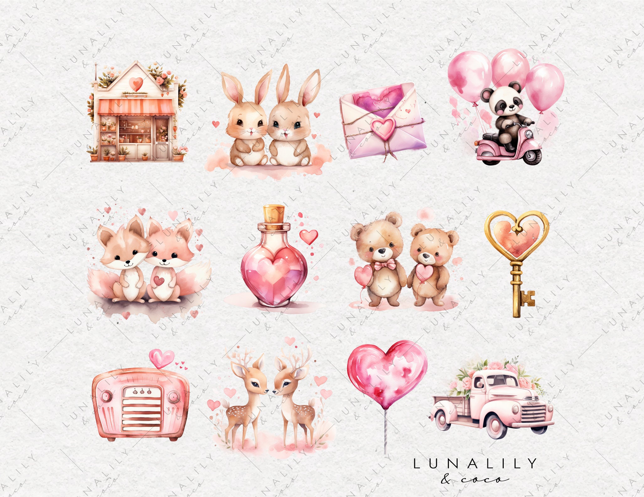 100 Pink Valentine Cliparts, PNG Cliparts Valentine Bundle, Watercolor ...