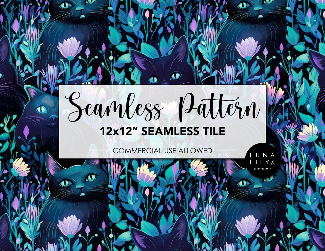 Black Cat Seamless Pattern, Halloween Seamless File, Floral Cat ...