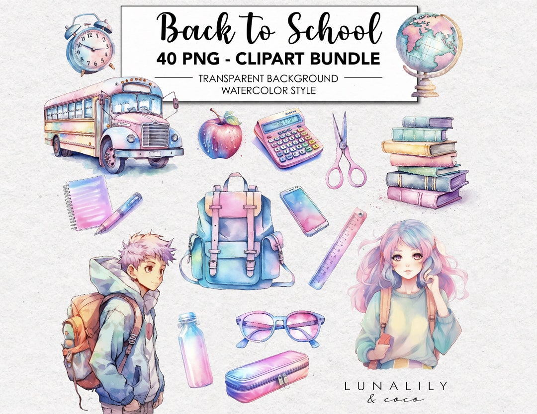 40 Watercolor Back to School Clipart, School Supplies Clipart, School ...