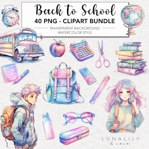 40 Watercolor Back to School Clipart, School Supplies Clipart, School ...