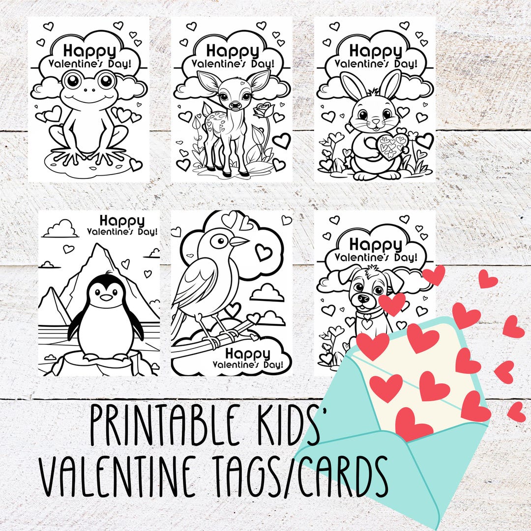Printable Kids Coloring Valentine Cards or Tags - Instant Download - Etsy