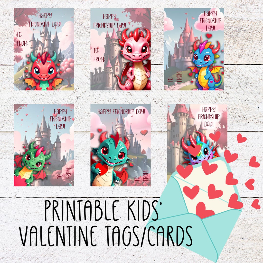 Printable Kids Baby Dragon Valentine Cards or Tags - Instant Download ...
