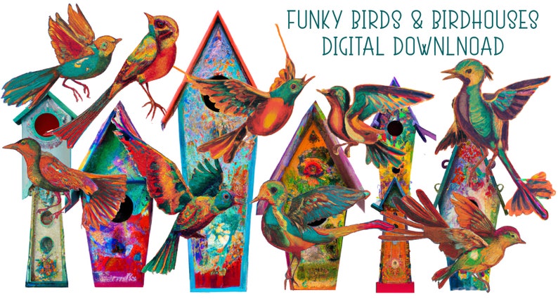 Funky Birds and Birdhouses PNG Instant Digital Download - Etsy
