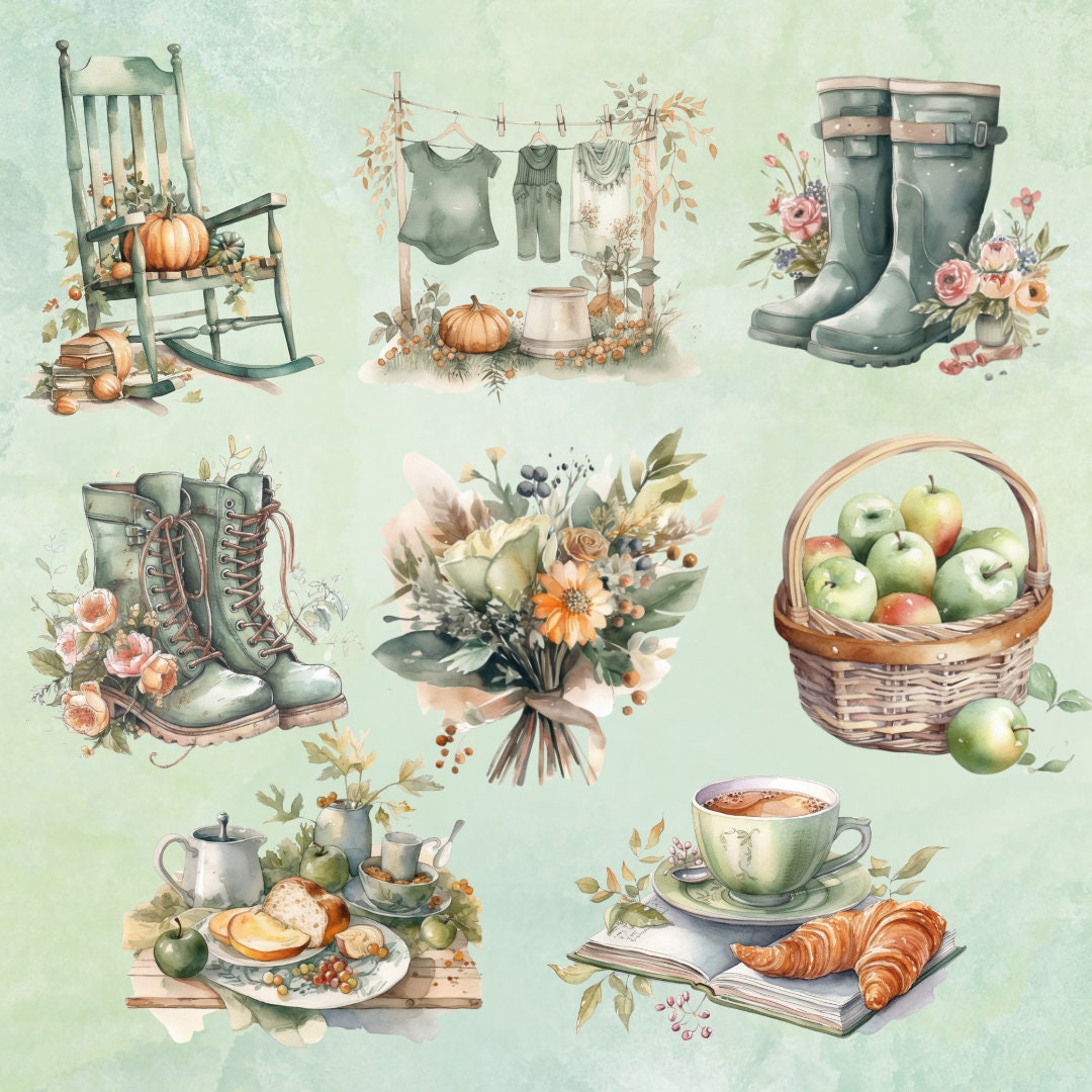 Watercolor Autumn Clipart Bundle, Fall Elements Clip Art, Cozy Fall ...