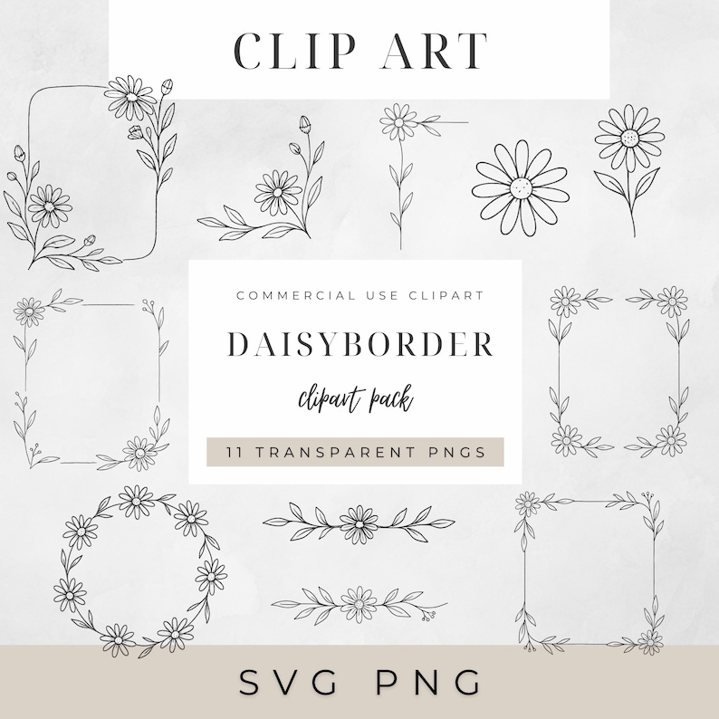 Daisy Floral SVG PNG Line Art Kit – Hand Drawn Flower Borders, Dividers ...