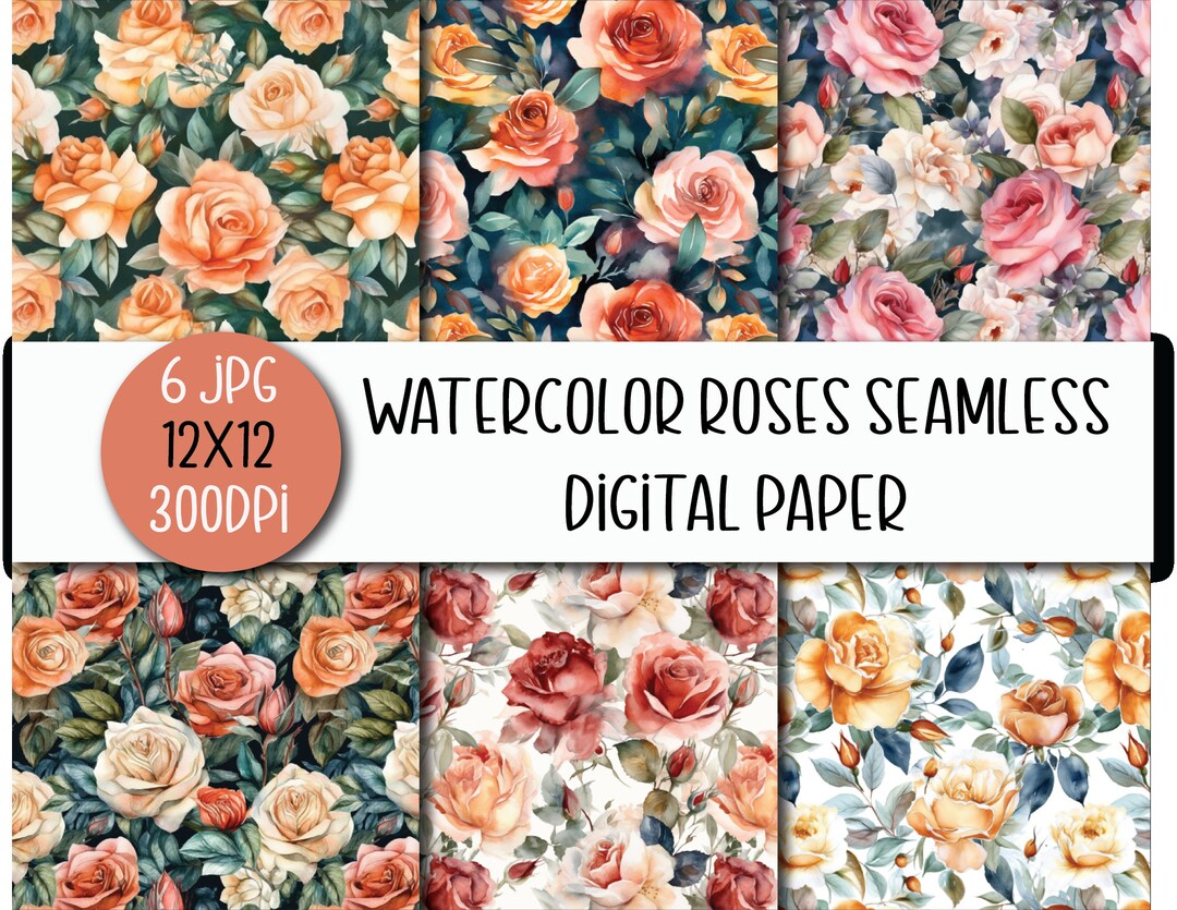 Watercolor Roses Digital Paper Bundle, Peach and Pink Rose Seamless ...