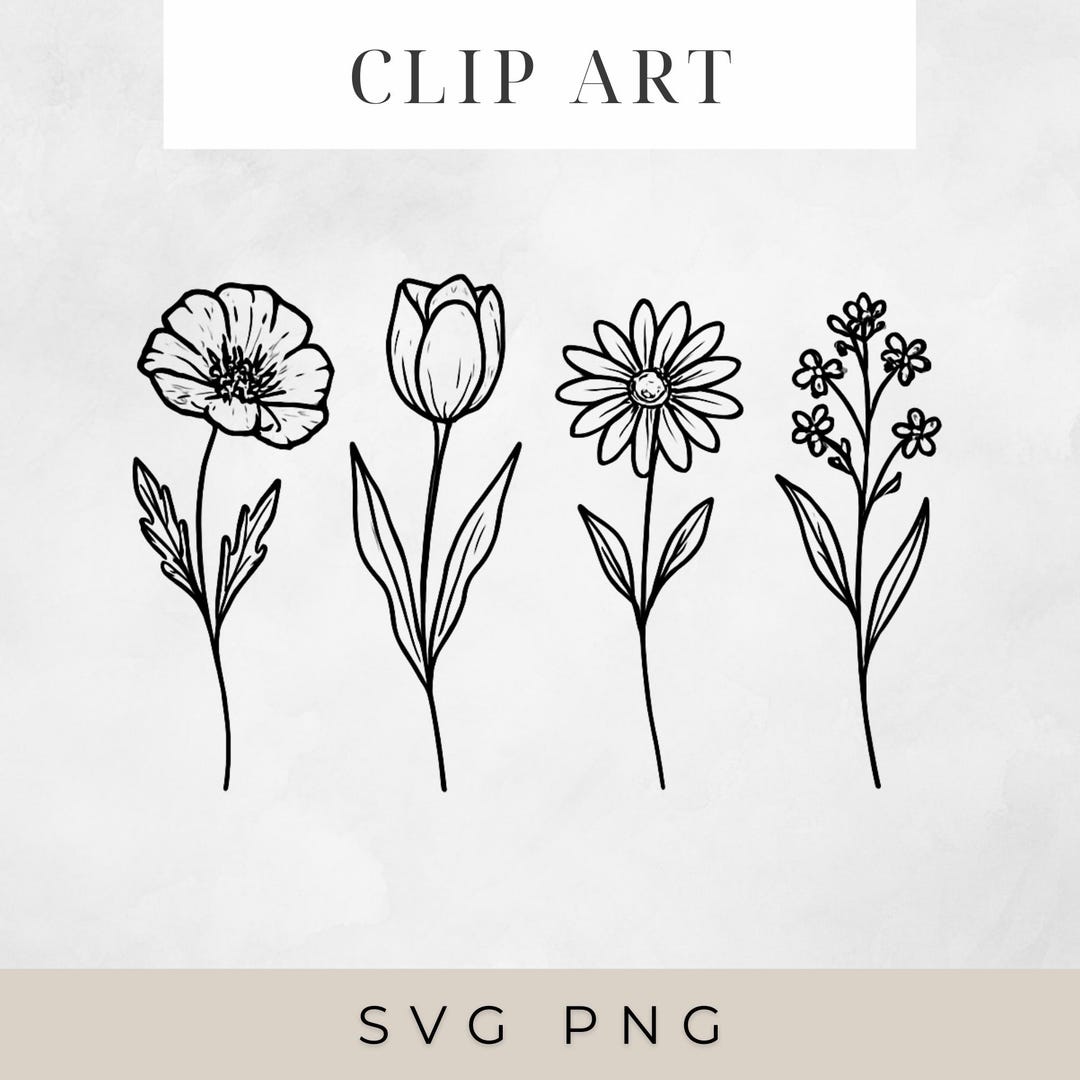Hand-drawn Wildflower SVG – Spring Botanical Line Art Clipart – Black ...