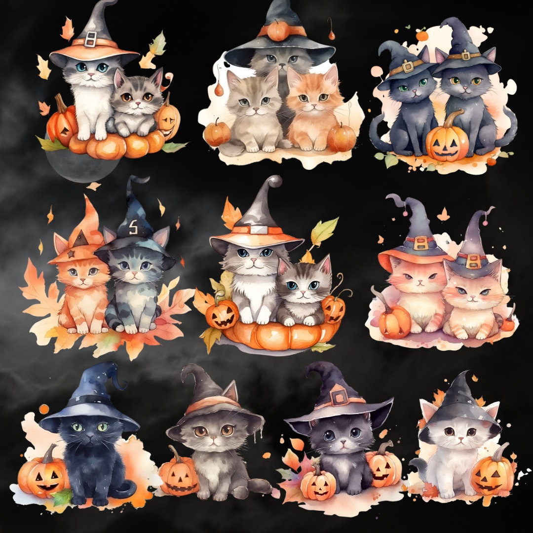 Halloween Watercolor Clipart, Pastel Halloween Clipart, Cat Clipart ...